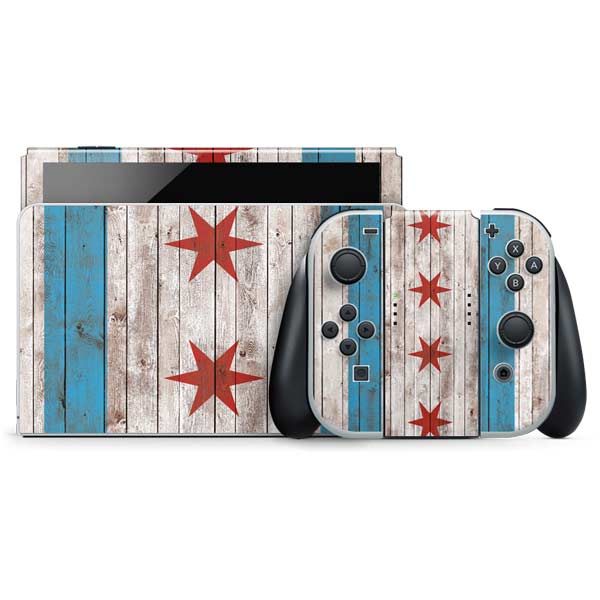 Chicago Flag Dark Wood Nintendo Switch OLED (2021) Bundle Skin | Skinit